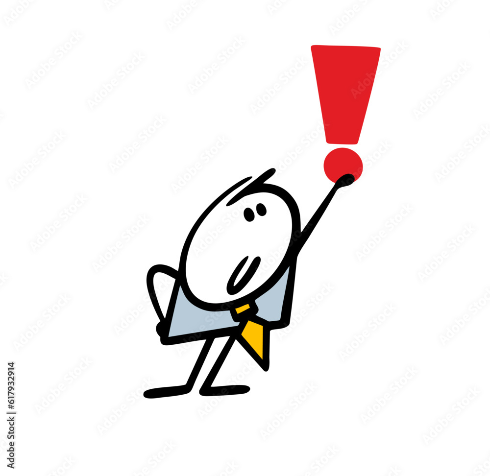 Businessman in an office suit holds an exclamation mark in his hand ...