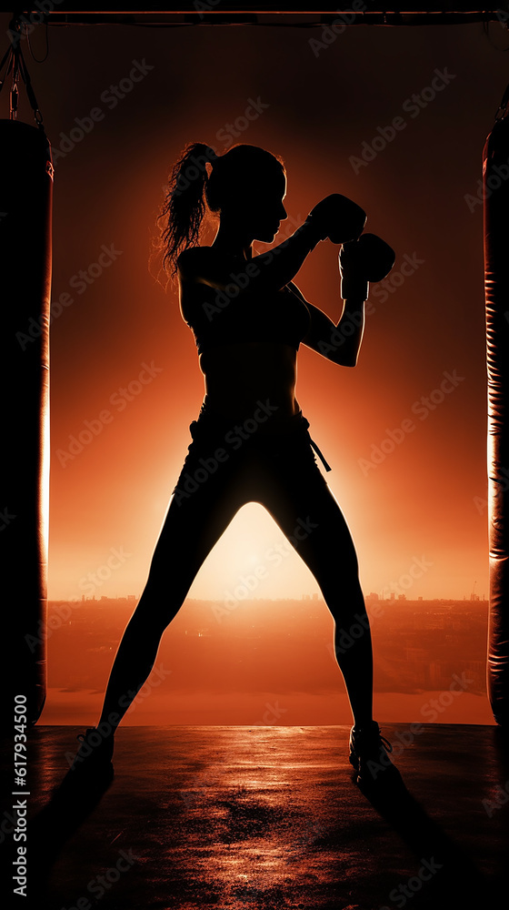 jovem mulher boxeadora kickboxing saco de boxe duro lutador feminino ...