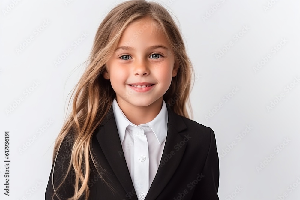 Portrait of a cute little girl in a black suit on a white background ...