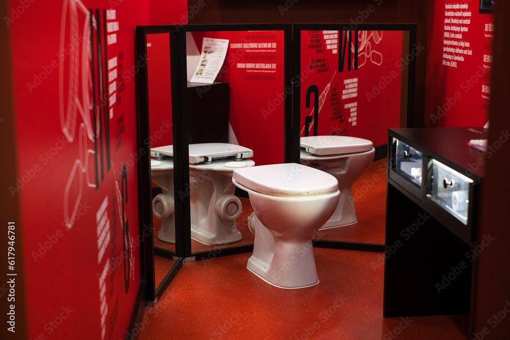 TARTU, Estonia - June 11, 2023: Toilet especially equipped with mirrors ...