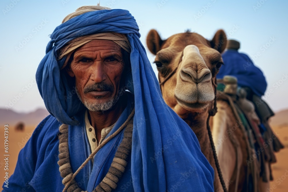 Adult Tuareg man in authentic national blue clothes. Background with ...