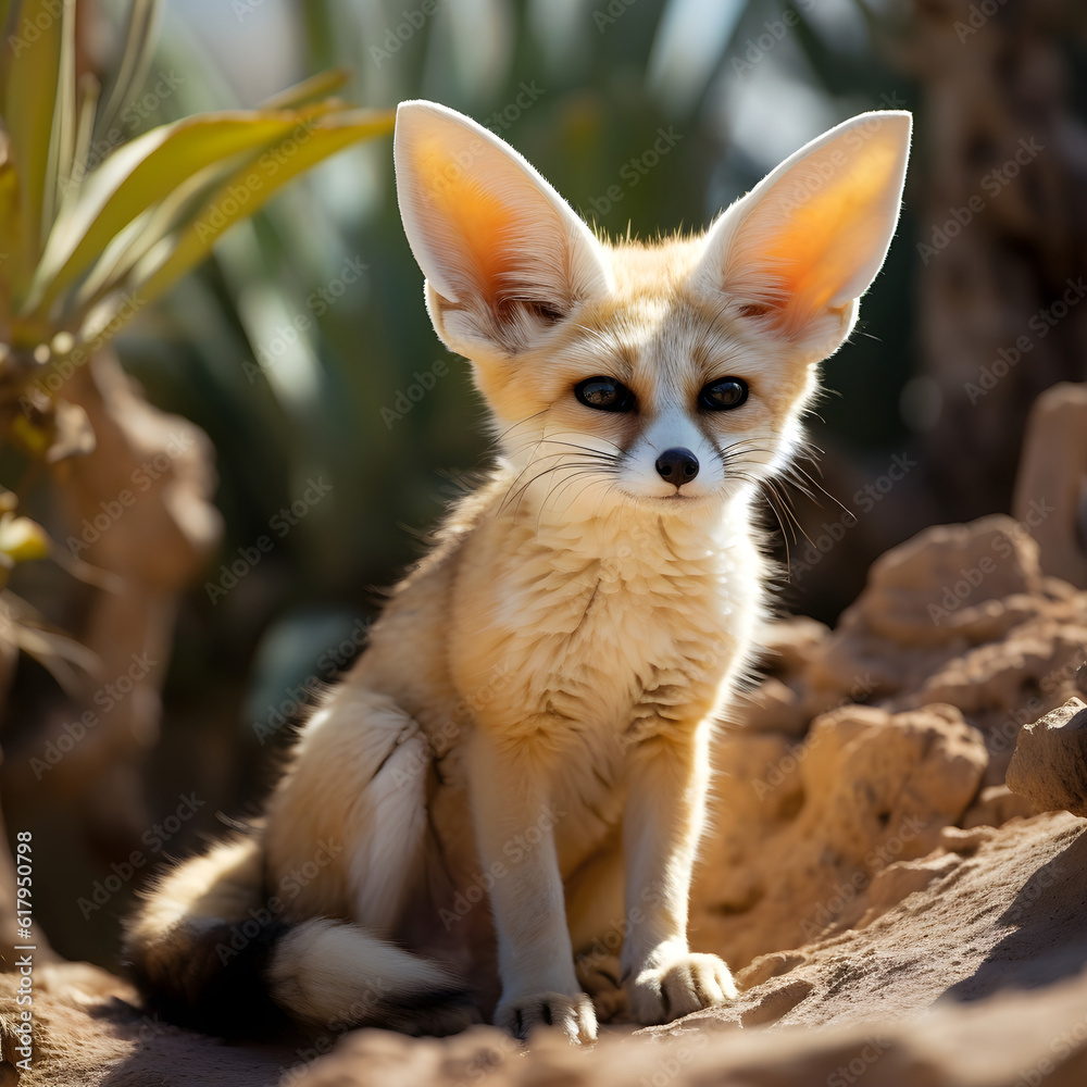 A fennec fox on a sandy dune, it's large ears swiveling in curiosity ...