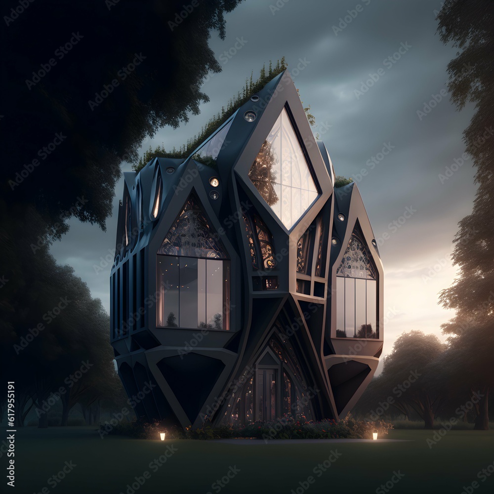 a stunning render of a futuristic gothic house hyper realistic ultra ...