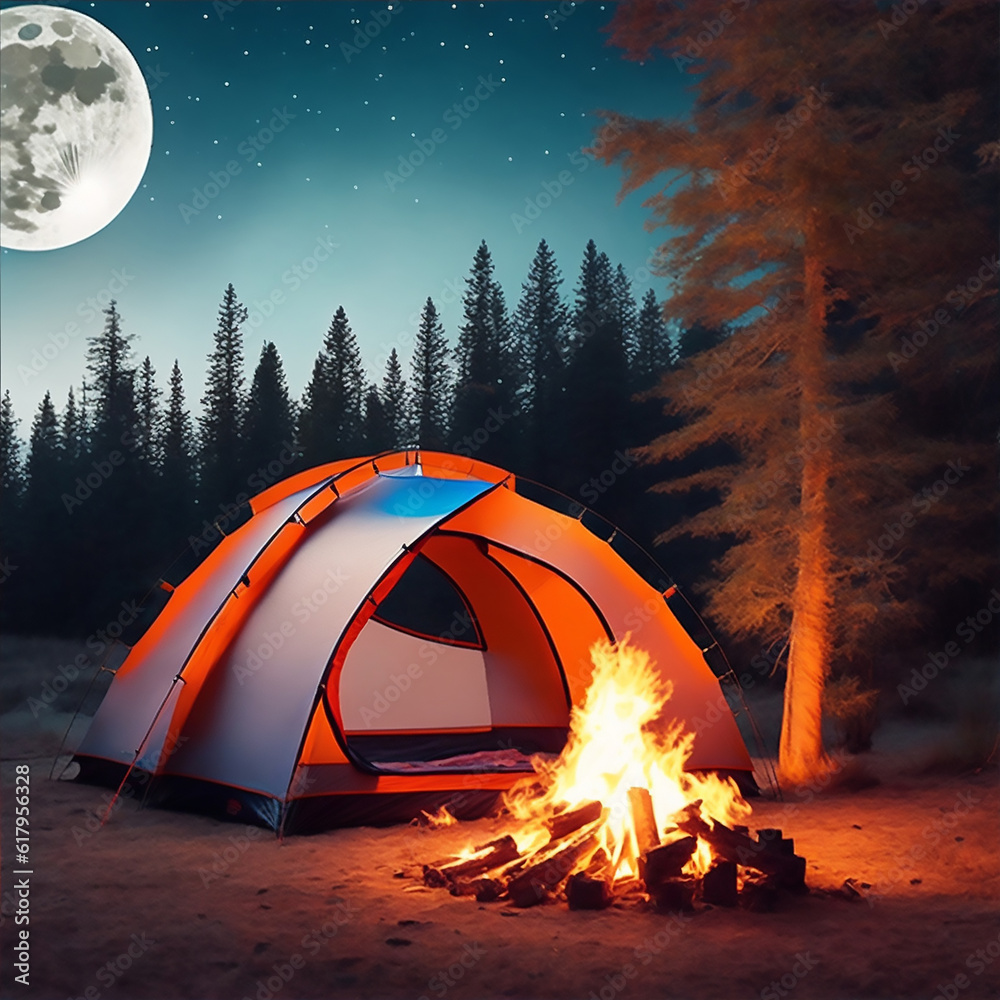 Night camp with a tent and campfire, on a starry night and a moon ...