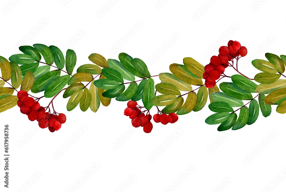 Watercolor hand draw of rowan leaves and red berry in ornamental border ...
