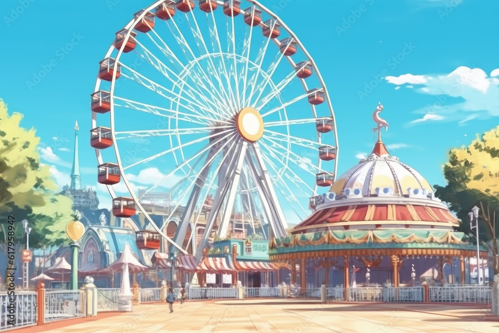 Theme park amusement park animation background with Ferris wheel anime ...
