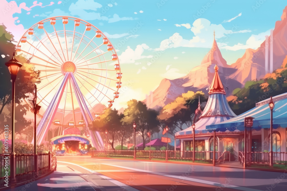 Theme park amusement park animation background with Ferris wheel anime ...