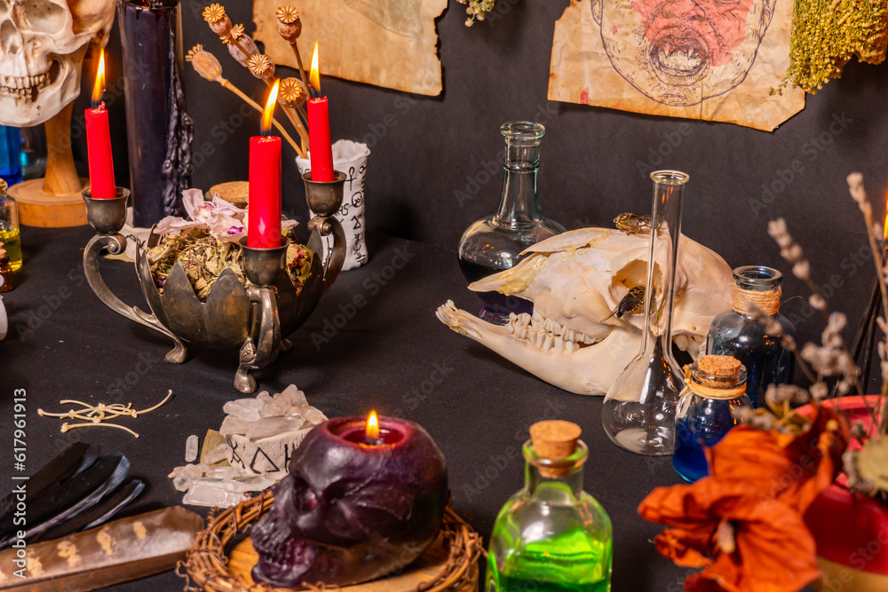 Occult and esoteric witchcraft still life. Halloween background with ...