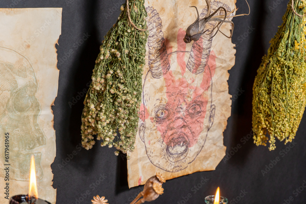 Old witch book Ancient parchment paper page with image of devil head ...