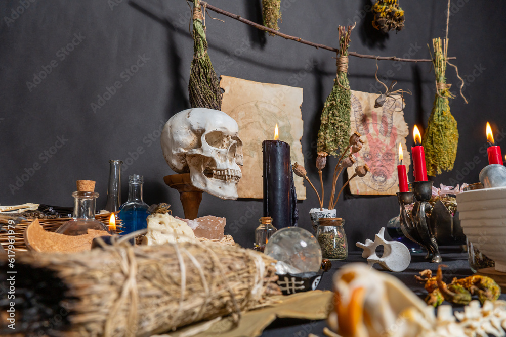 Occult and esoteric witchcraft still life. Halloween background with ...