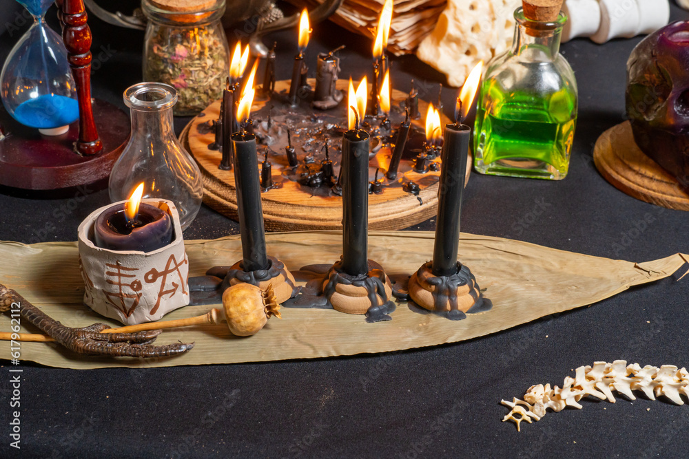 Black magic candles witchcraft composition. Magic ritual satanic tools ...