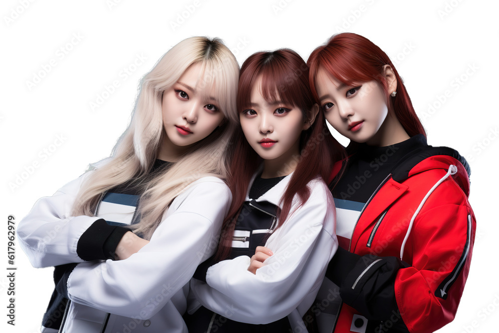 Three young K-pop girls posing over isolated transparent background ...
