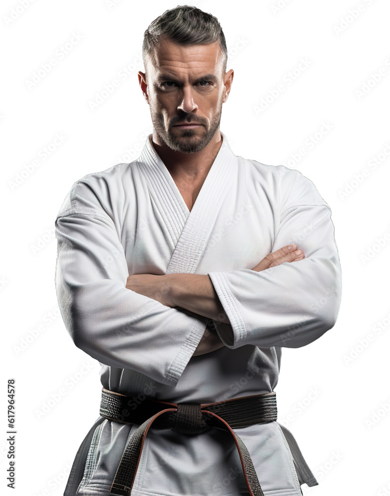 Attractive male karate instructor portrait over isolated transparent ...
