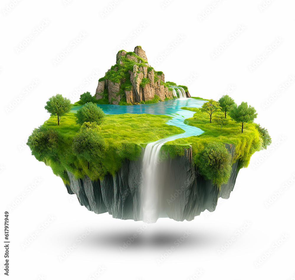 Flying land with beautiful landscape, green grass and waterfalls ...