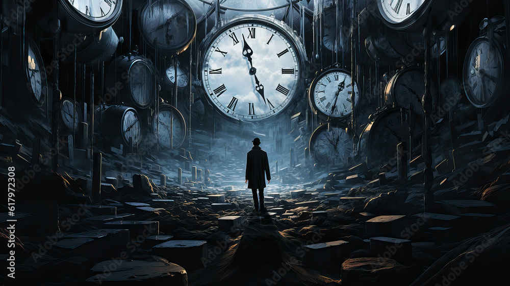 Time flies, a man from behind is standing in a large clock room, time ...