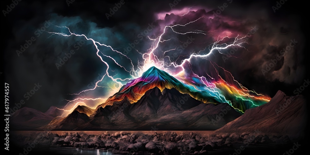 a rainbow lightning storm around a mountain a water tornado award ...