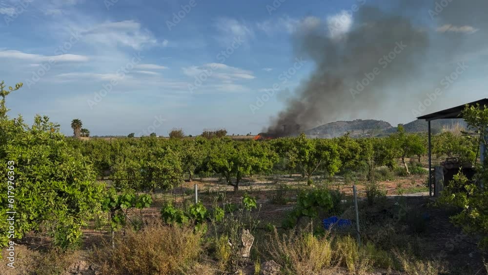 Fire on farm field. Fires in Spain due to drought. Hot weather and ...
