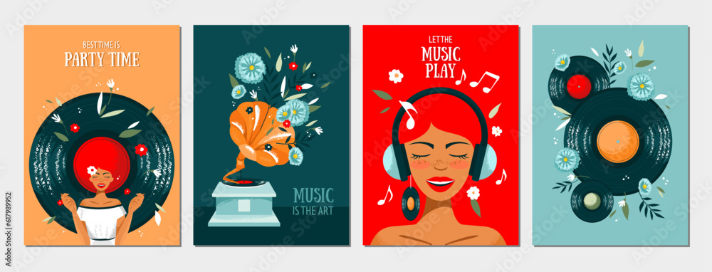 Set of postcards with a woman, gramophone, flowers, vinyl record and ...