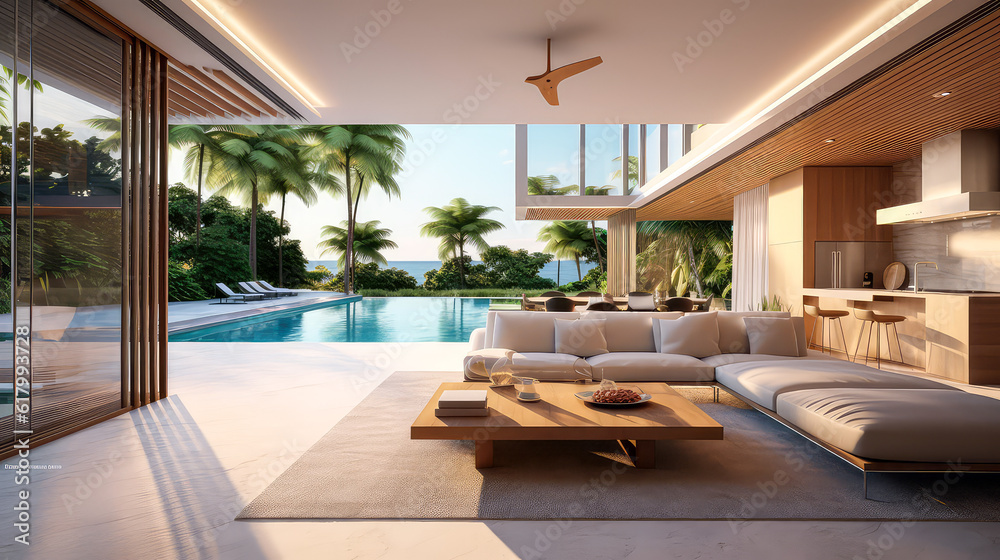 3D render, Modern Interior and pool villa Concept: Embracing the ...