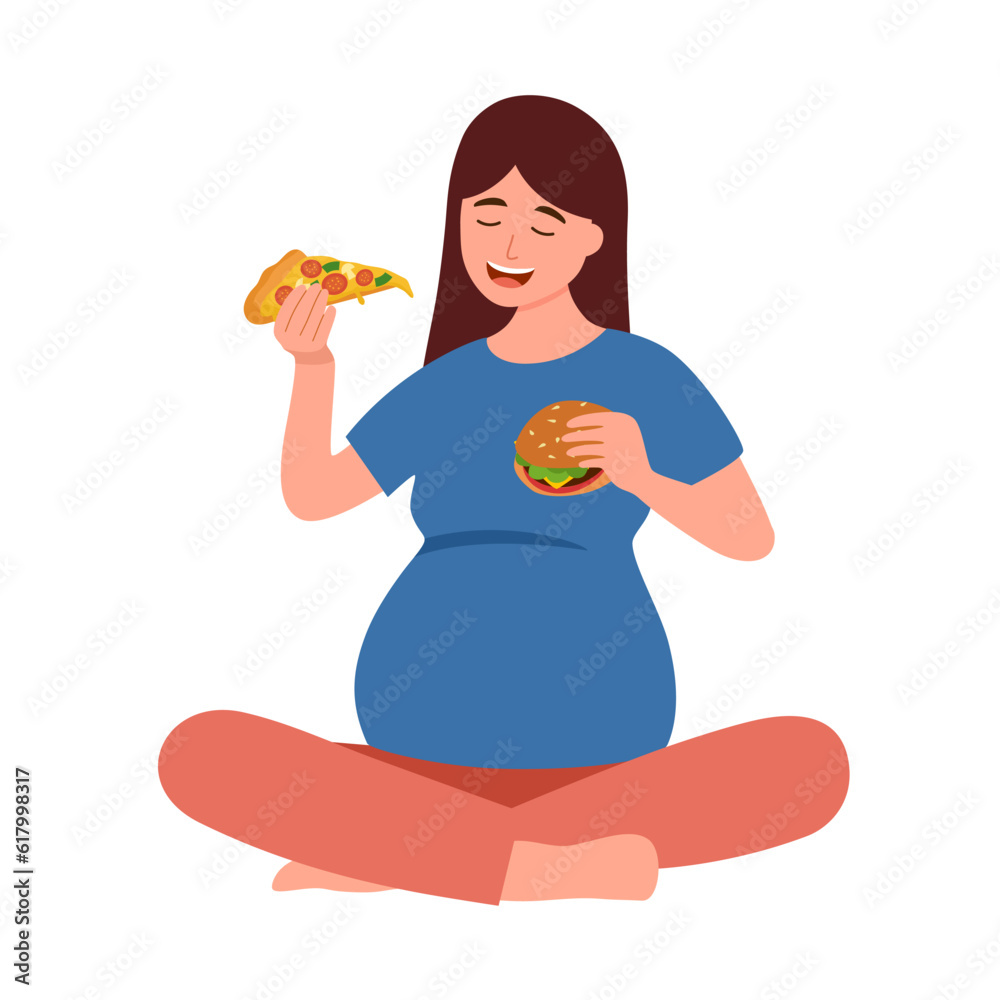 Hungry pregnant woman eating unhealthy fast food in flat design on ...