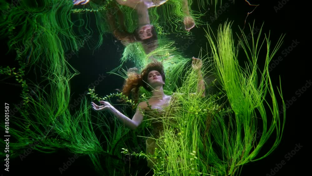 underwater fairy or princess floating in depth of mysterious sea or ...