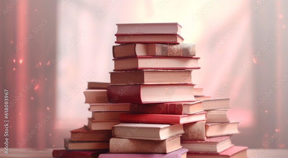 Stack of books on a pink background. Back to school and education ...