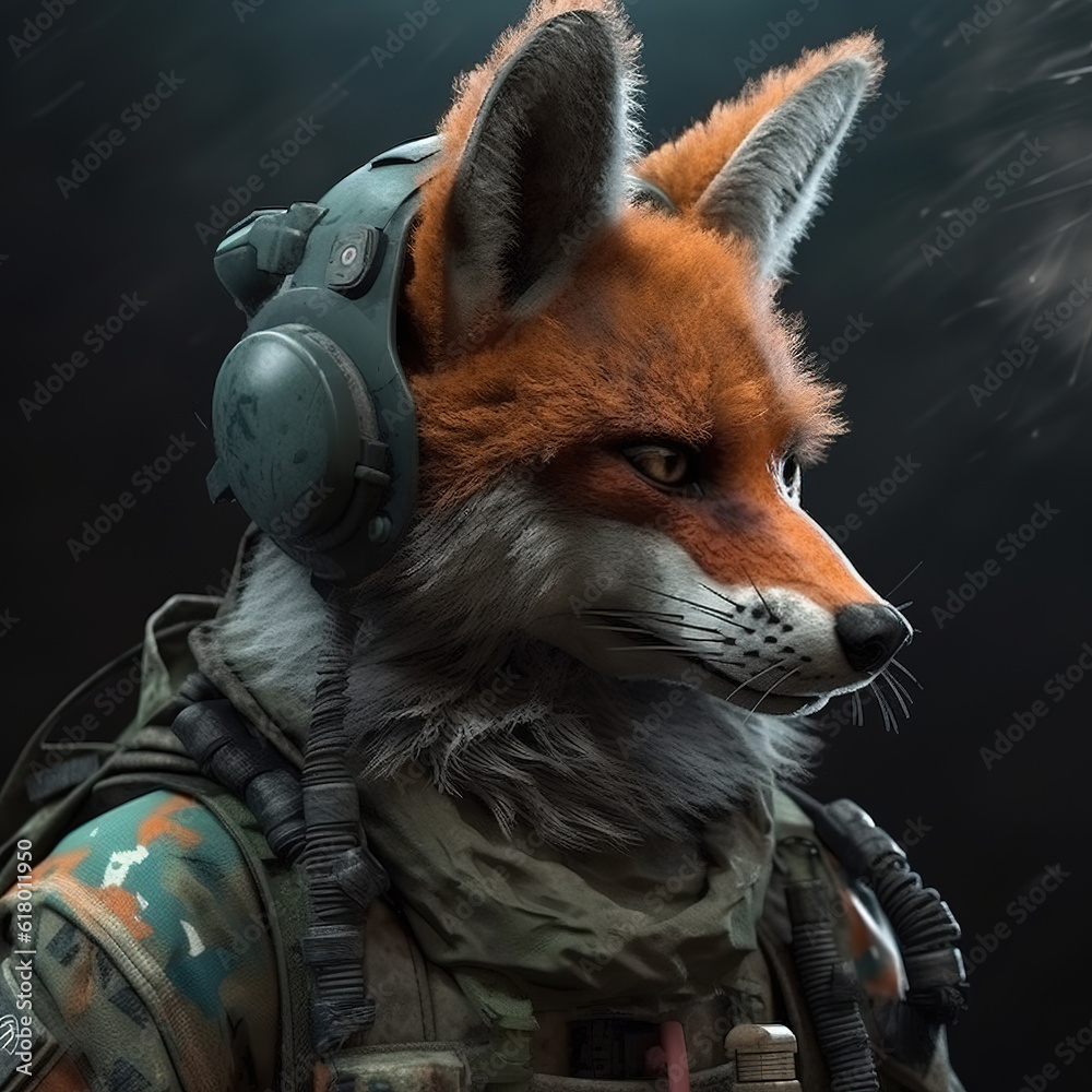 Portrait of a fox dressed in a tactical military outfit on a clean ...