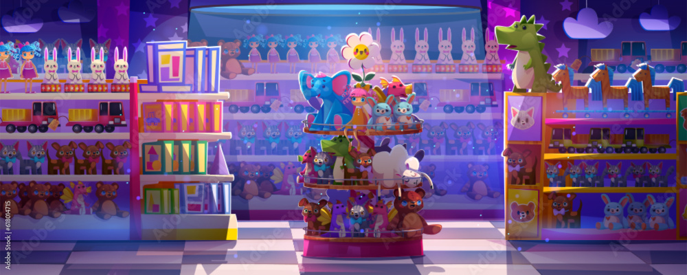 Night toy store interior with spotlight cartoon background. Magic ...
