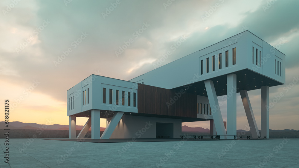 Perspective view of a modern two-story building at sunset, 3d rendering ...