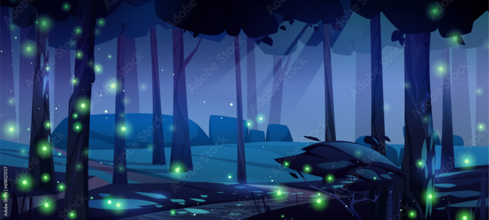 Night forest background with green fireflies glowing in darkness ...