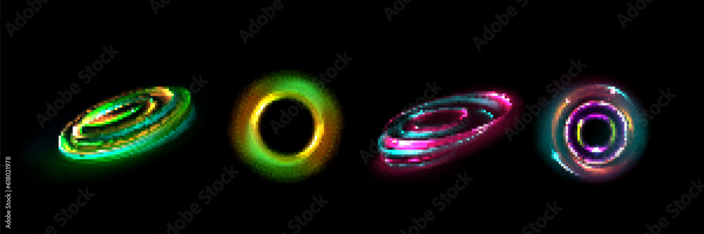 Neon optical halo flares with light glow vector effect. Circle energy ...