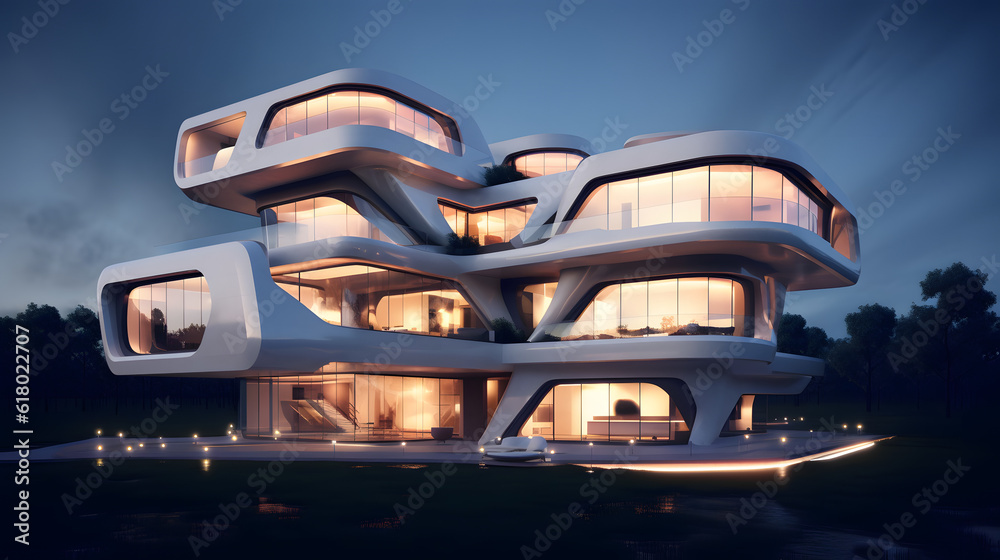 A ultra modern futuristic house. A modern multi-story house, composed ...