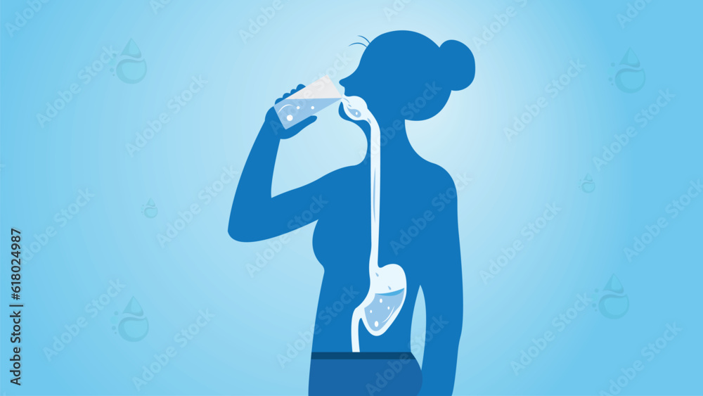 Body Hydration Illustration with Woman Drinking Glass of Water Moving ...