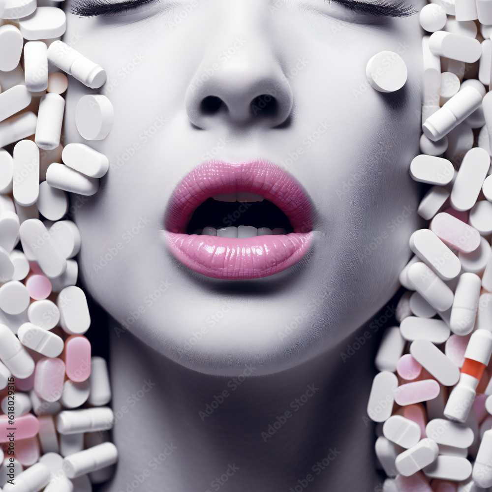 Surreal Health: Woman Head Surrounded by Floating White Pills—A ...