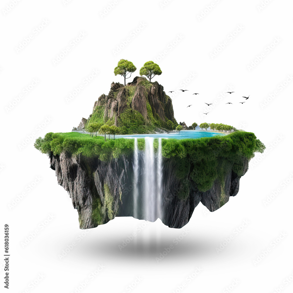 Flying land with beautiful landscape, green grass and waterfalls ...