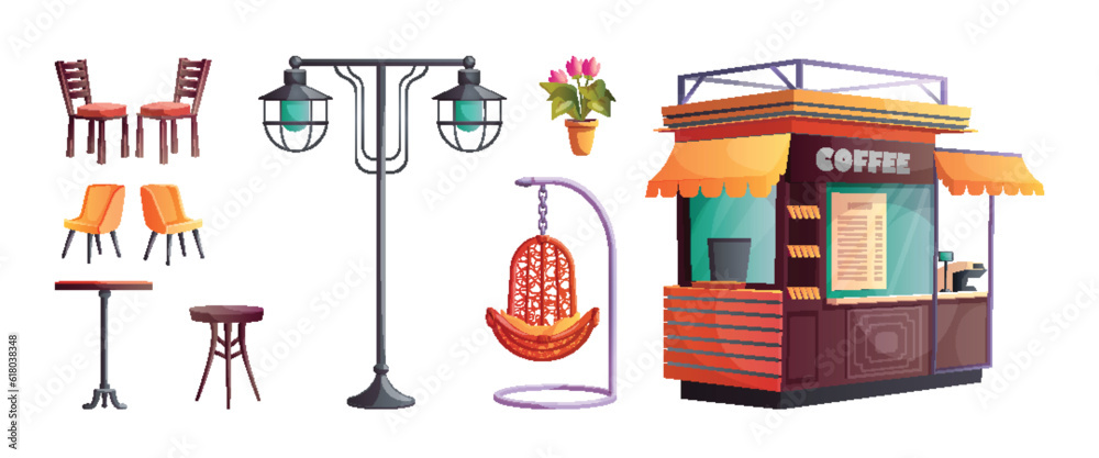 Outdoor city street cafe table cartoon vector set. Isolated cafeteria ...