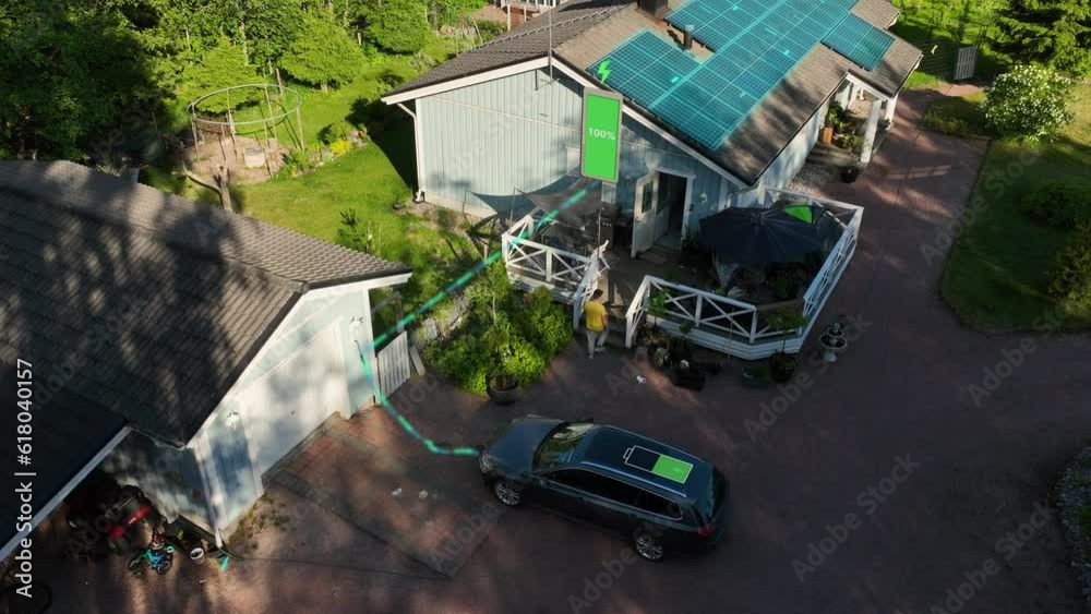 Male plugging a home solar EV charger into an electric vehicle - 3D ...