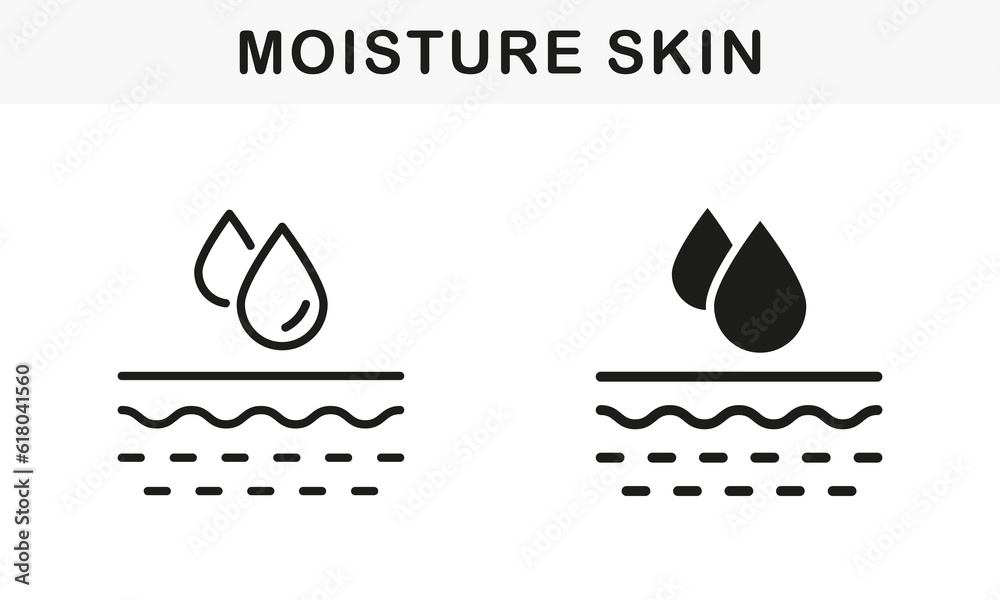 Skin Moisture Concept Line and Silhouette Black Icon Set. Moisturizing ...