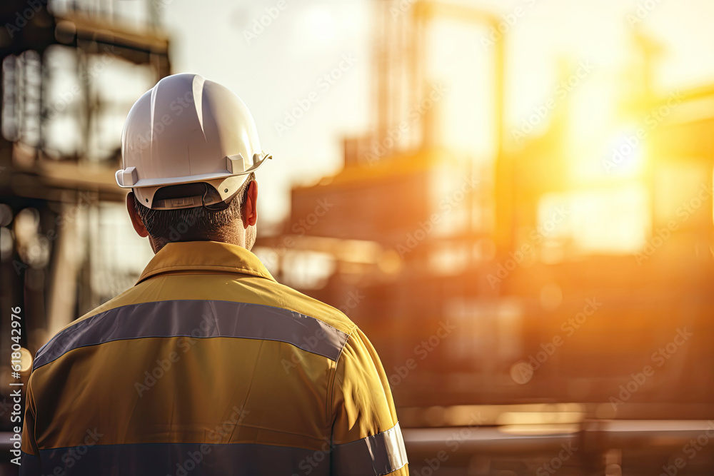 Back view of a man wearing safety helmet at construction site ...