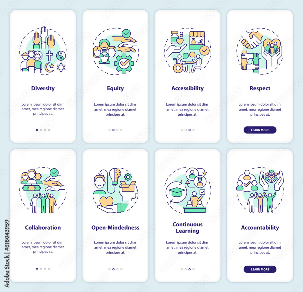 Pillars Of Inclusion Onboarding Mobile App Screen Set Fair Treatment