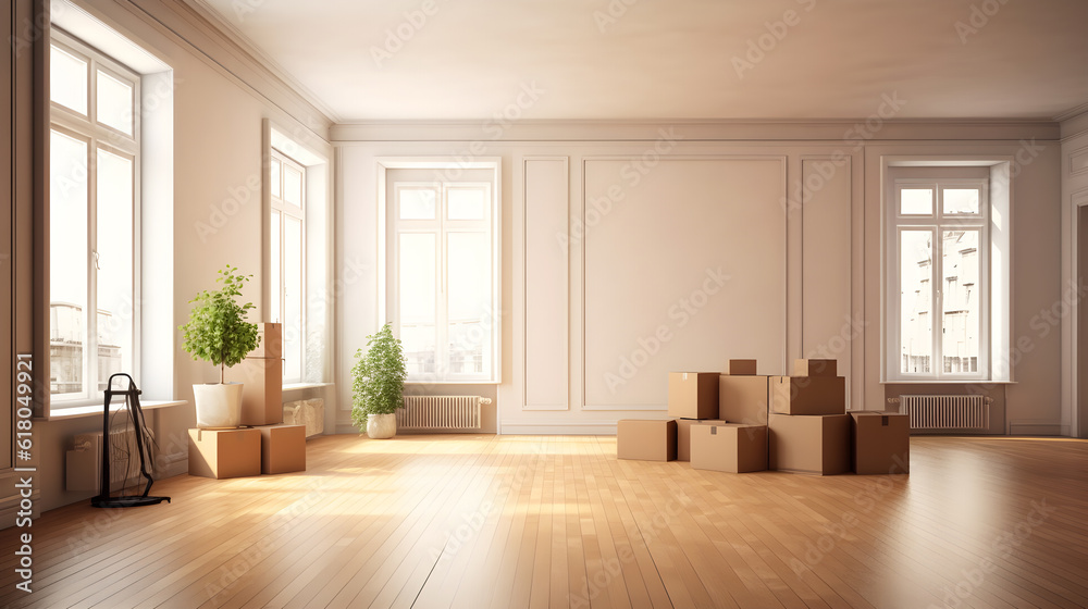 Moving cardboard boxes in empty room with some plants created with ...