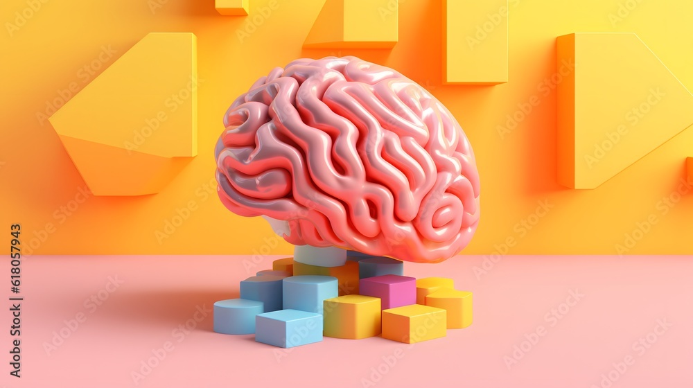 pink color brain on pastel background. 3D mobel. educational concept ...