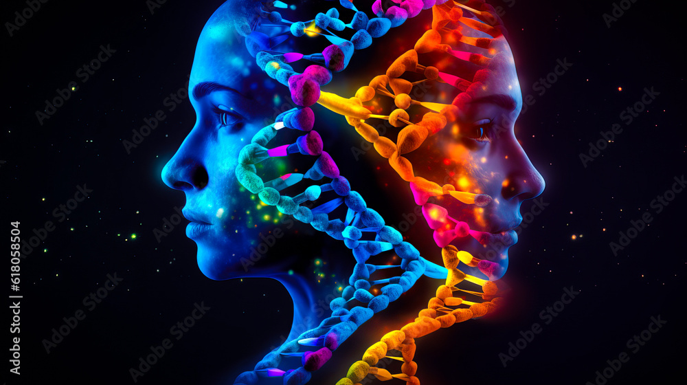 Concept of biochemistry with dna molecule, Human face, DNA on dark ...