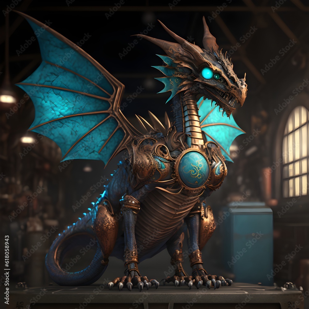 Wide full body shot A bronze and copper clockwork steampunk dragon ...
