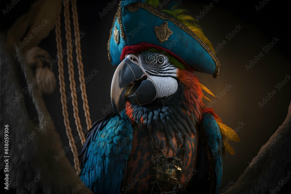 full body macaw dressed as a pirate captain wearing a tricorn hat in a pirate ship background ...