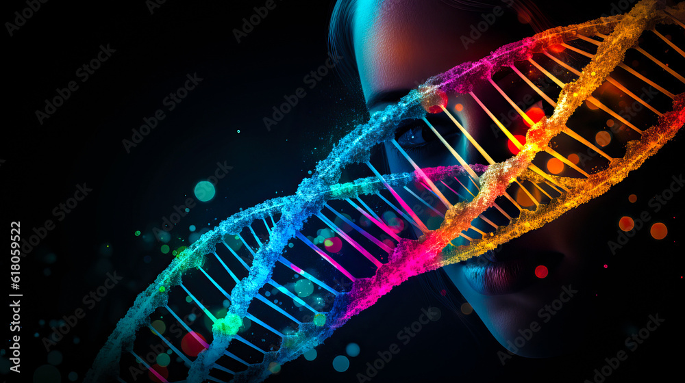 Concept of biochemistry with dna molecule, Human face, DNA on dark ...