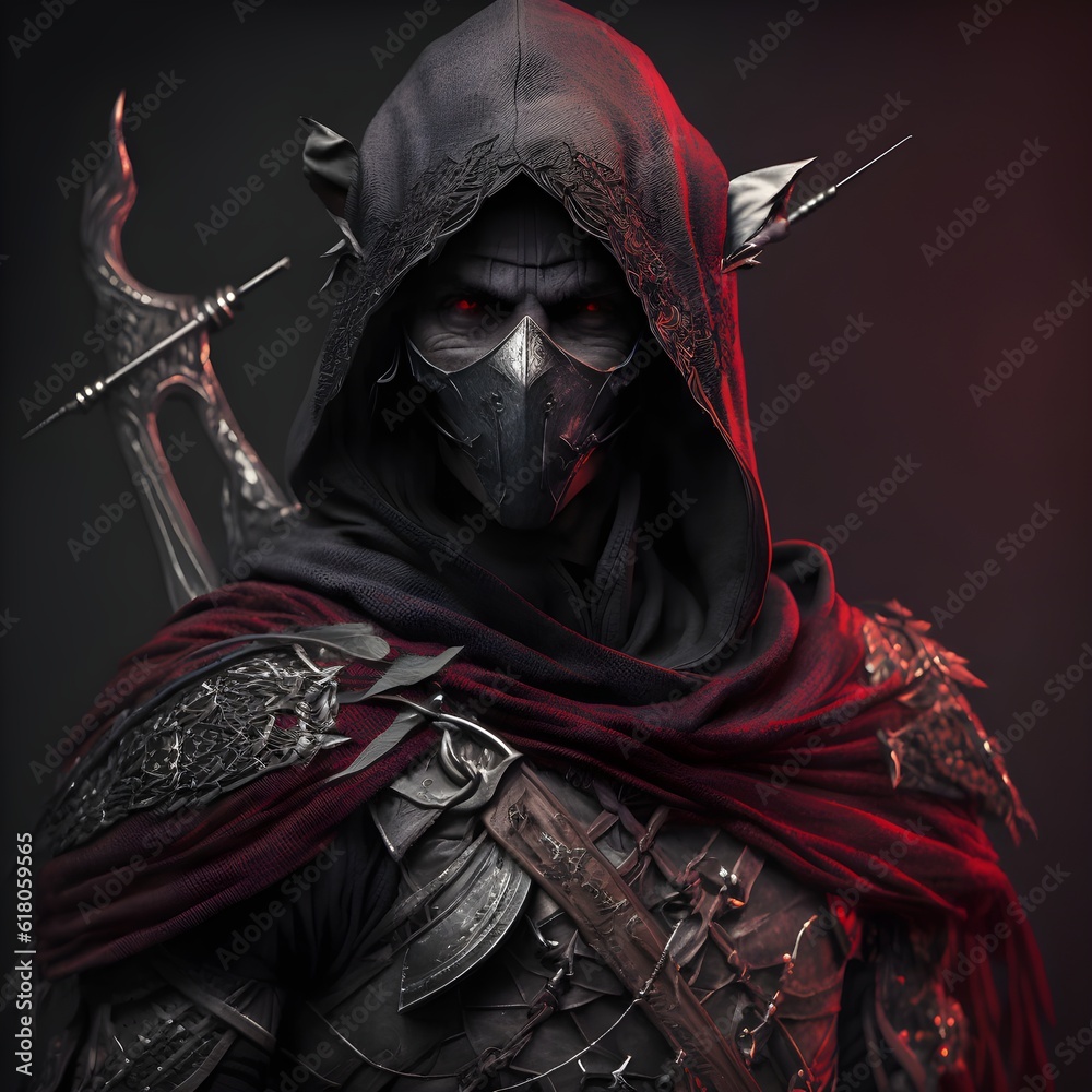 RPG dark elf archer tall thin ripped red eyes mysterious wearing a hood ...