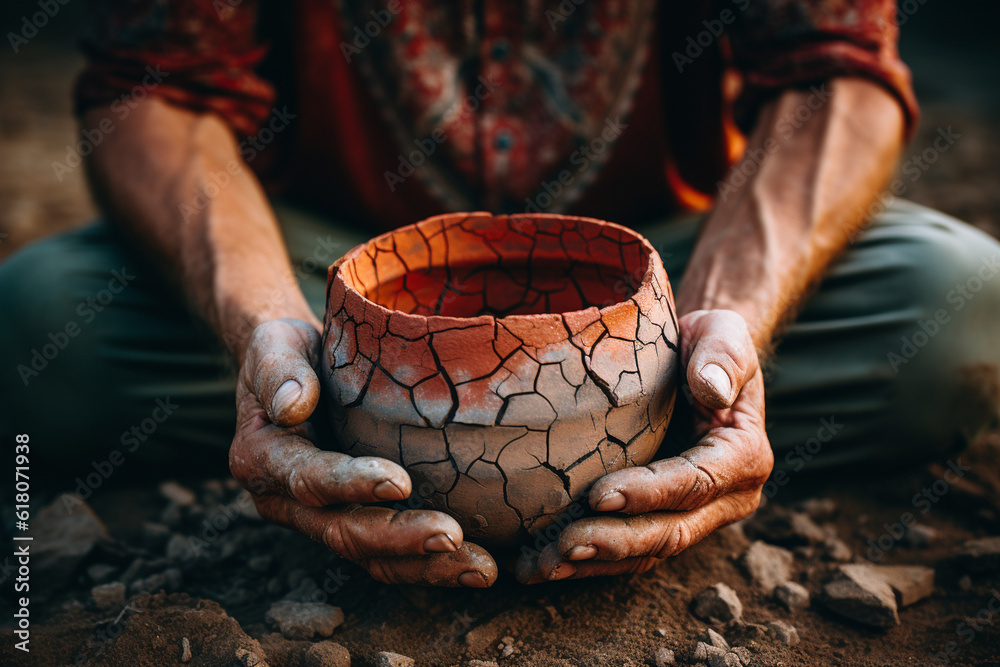 a person holding a cracked clay pot, with a gentle smile on their face ...