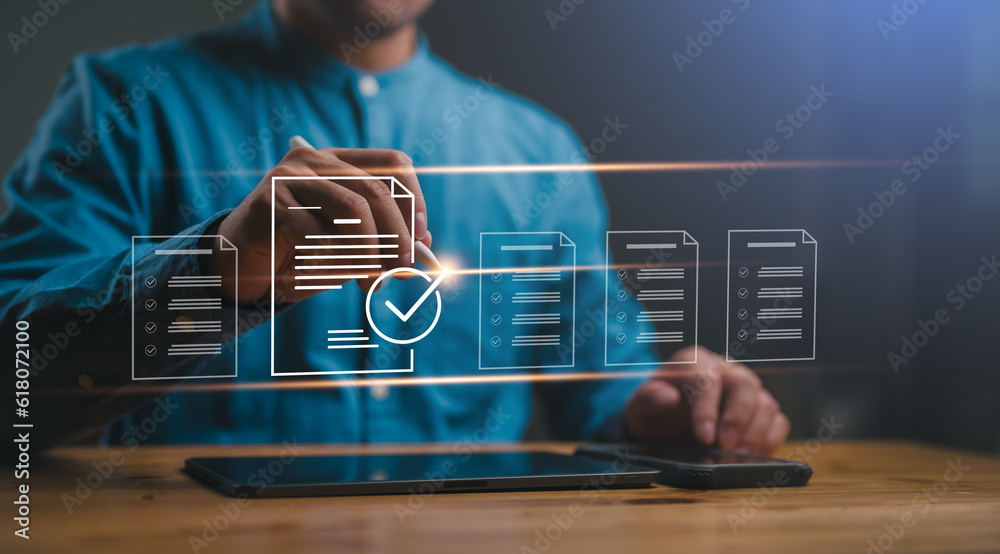 Check mark symbol represents the standard quality control. Businessman ...