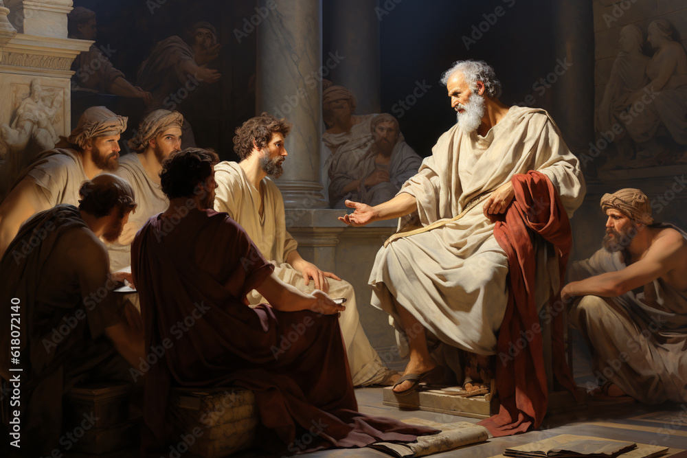 A mural depicting Zeno of Citium, the founder of Stoicism, engaged in ...